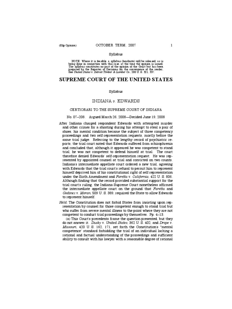Supreme Court of The United States: Indiana V. Edwards | PDF | Pro Se ...