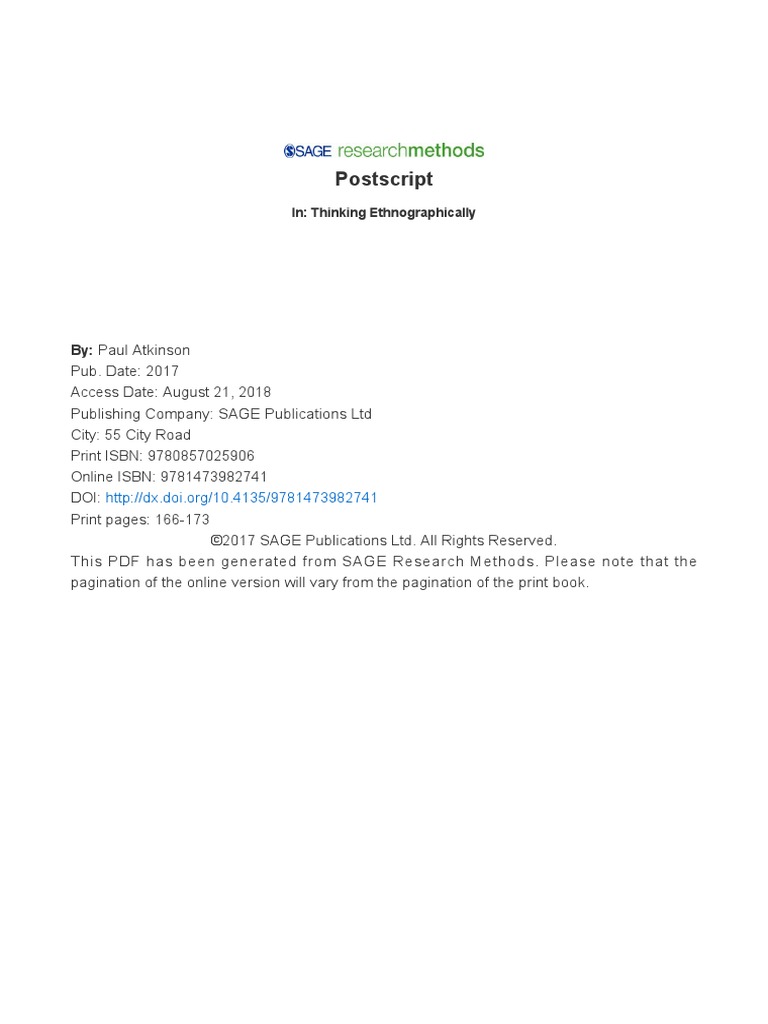 Postscript: By: Paul Atkinson | PDF | Field Research | Ethnography