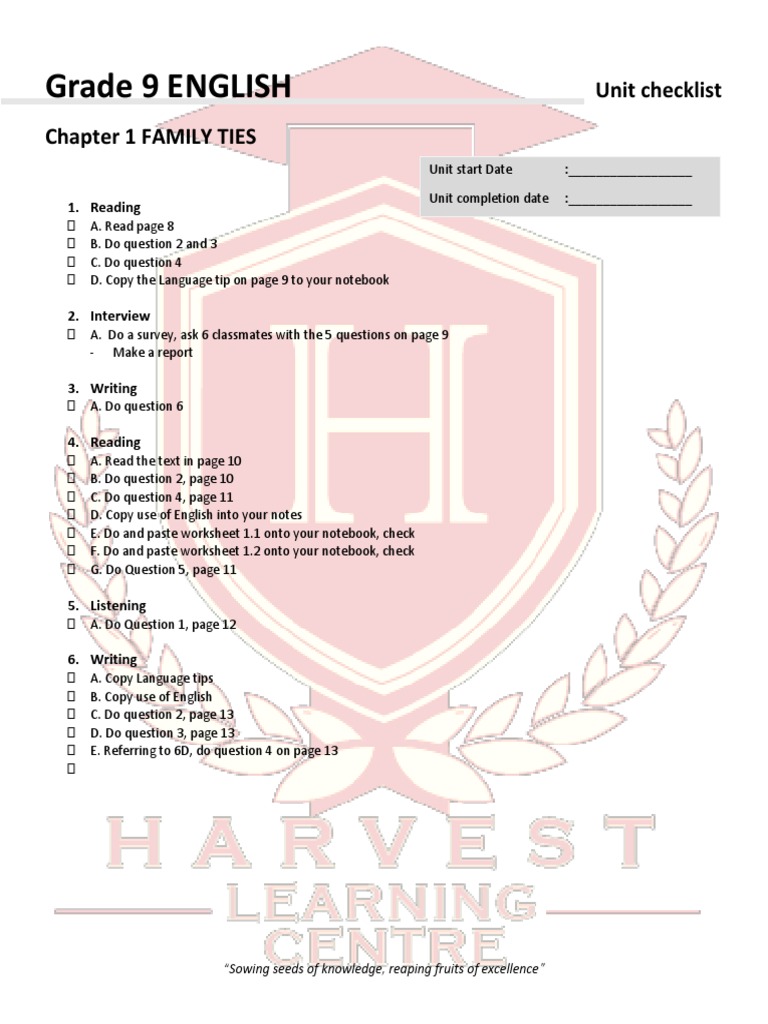 Grade 9 English Unit Checklist: Family Ties | PDF