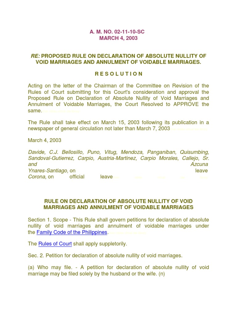 Re: Proposed Rule On Declaration of Absolute Nullity Of: Void Marriages and Annulment of ...