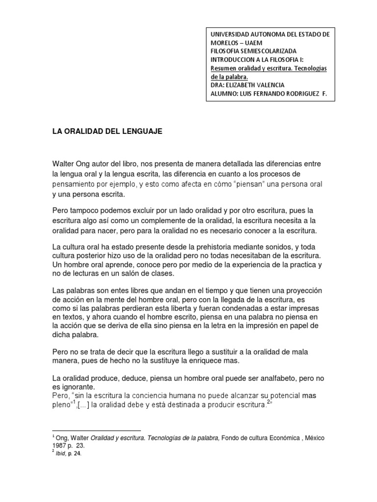 Oralidad y Escritura Walter Ong PDF | PDF | Escritura | Conocimiento