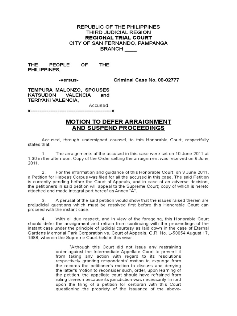 Motion To Defer Arraignment and Suspend Proceedings | PDF | Appeal ...