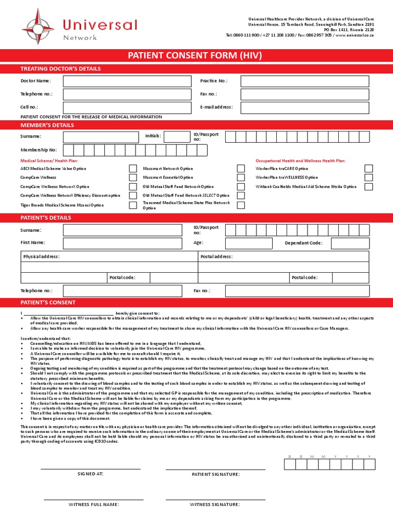 Patient Consent Form (Hiv) : Treating Doctor'S Details | Download Free ...