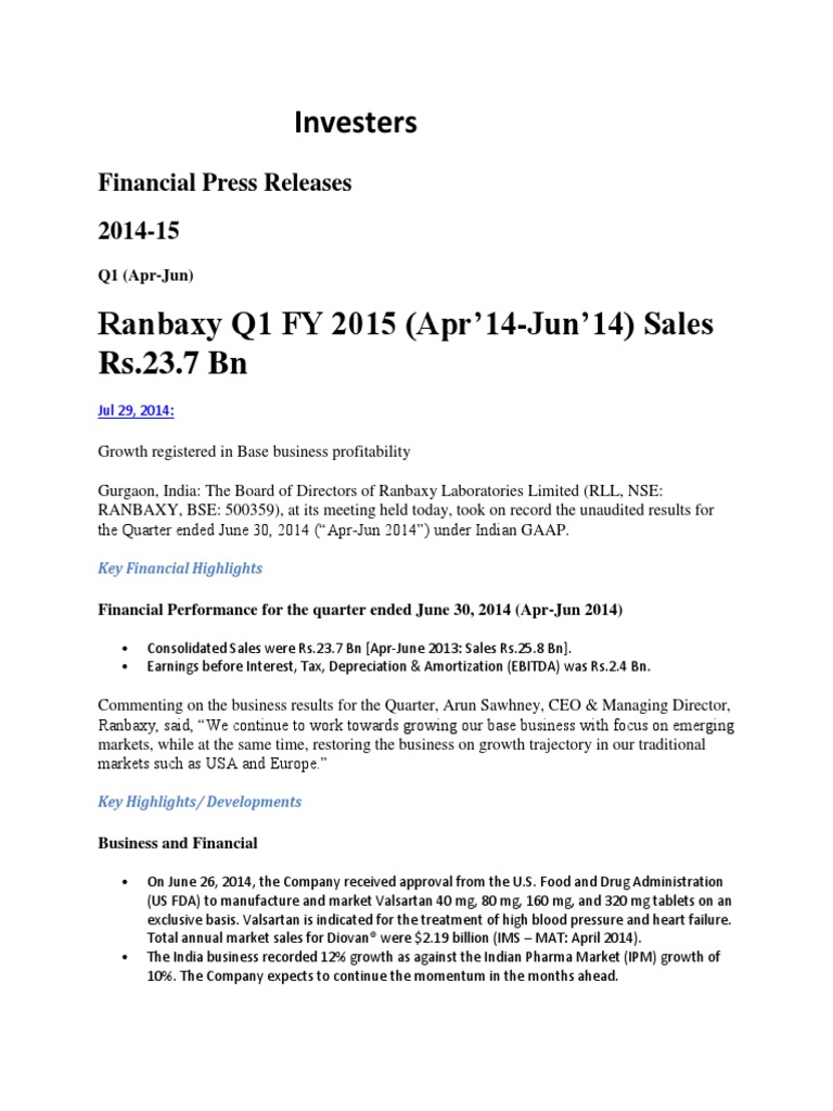 Investers: Financial Press Releases 2014-15 | PDF | Earnings Before ...