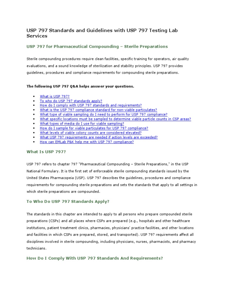 USP 797 Standards and Guidelines With USP 797 Testing Lab Services ...