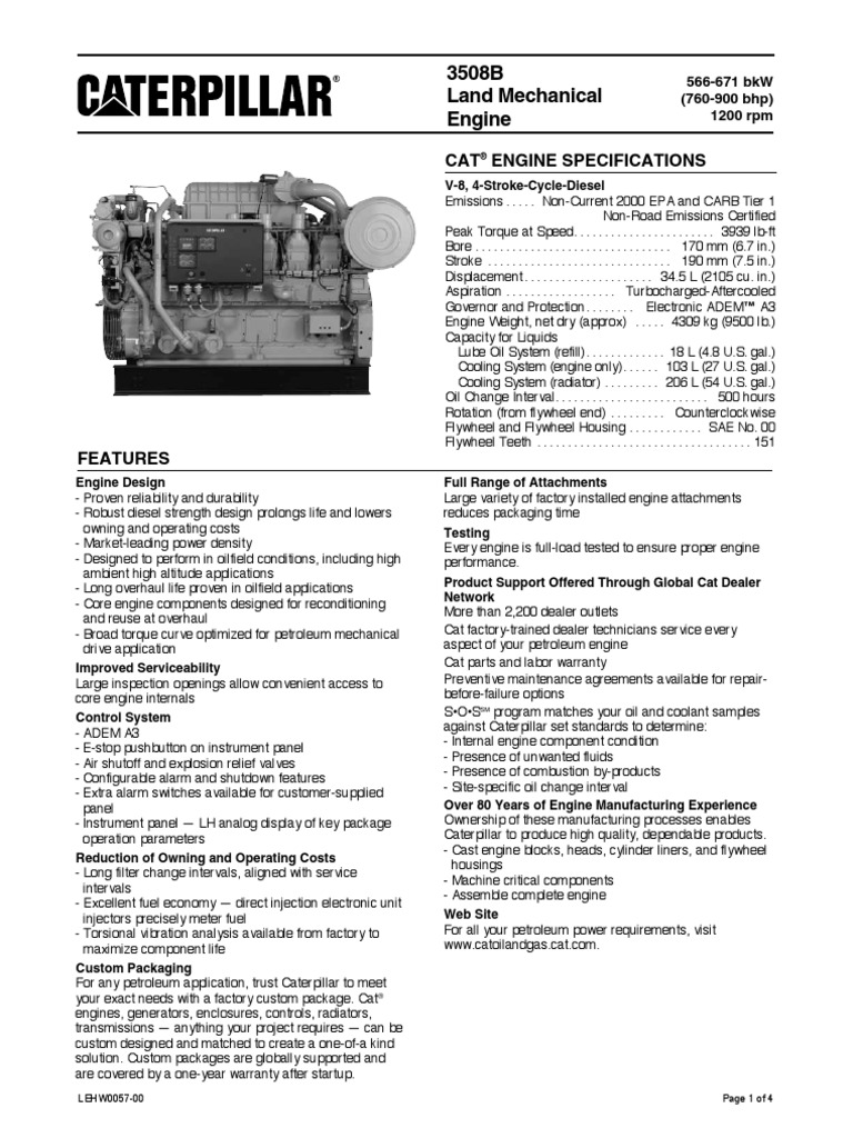 CAT Engine Specifications: 3508B Land Mechanical Engine | PDF | Engines ...