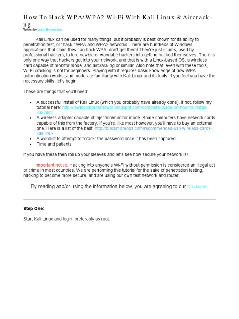 How To Hack WPA/WPA2 Wi-Fi With Kali Linux & Aircrack-Ng | PDF | Wi Fi ...