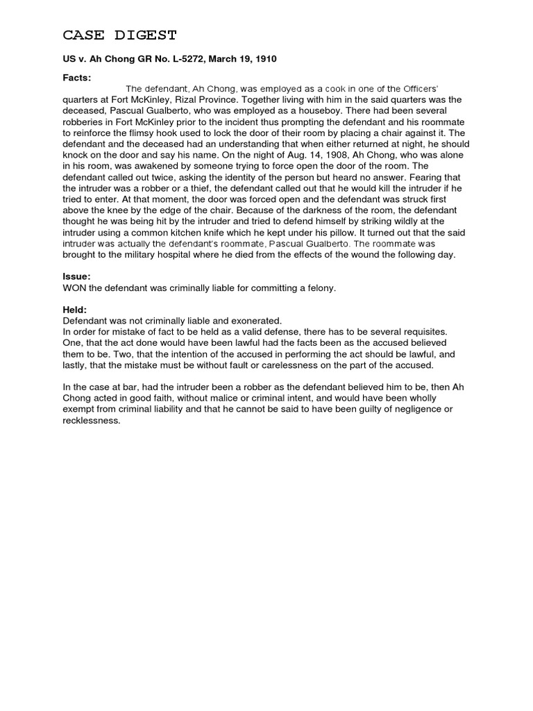 Case Digest: US v. Ah Chong GR No. L-5272, March 19, 1910 Facts ...