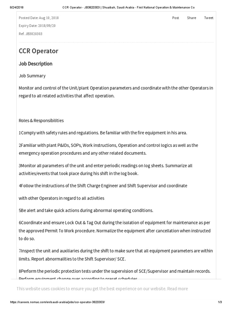 CCR Operator: Job Description | PDF | Personal Protective Equipment ...