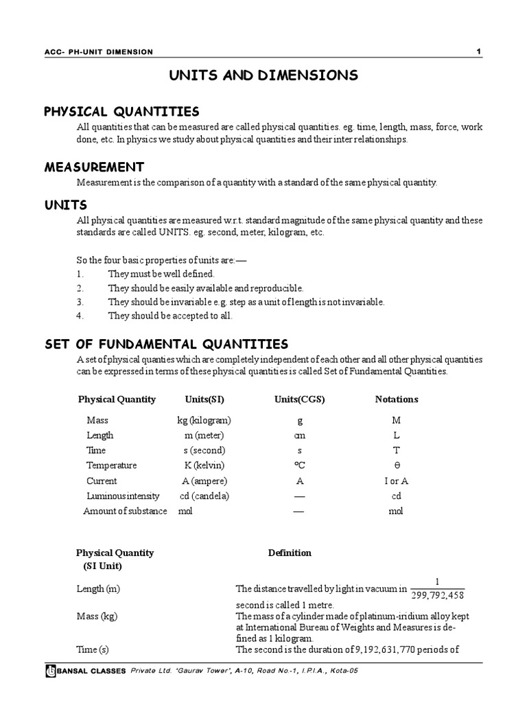 Units and Dimensions: Physical Quantities | PDF | Measurement | Quantity