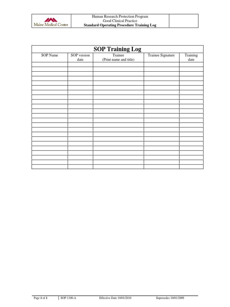 SOP Training Log: Human Research Protection Program Good Clinical ...