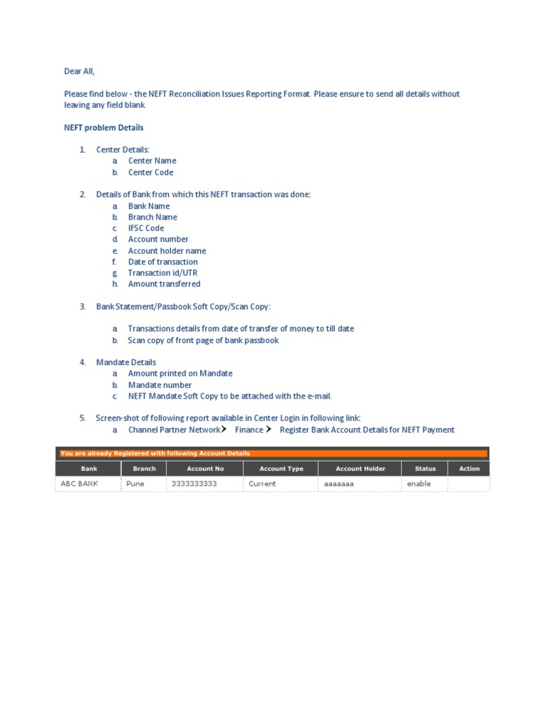 NEFT Reconciliation Issues Format | PDF