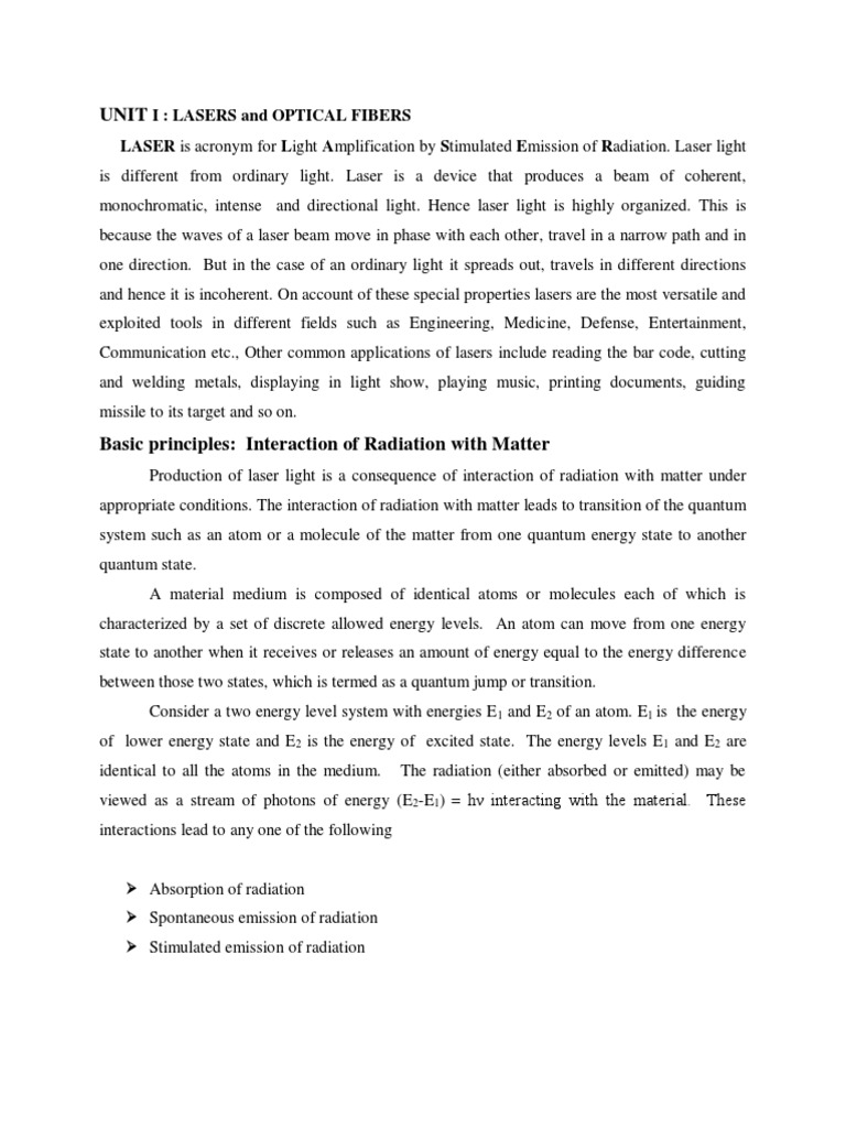 I: Lasers and Optical Fibers | PDF | Laser | P–N Junction