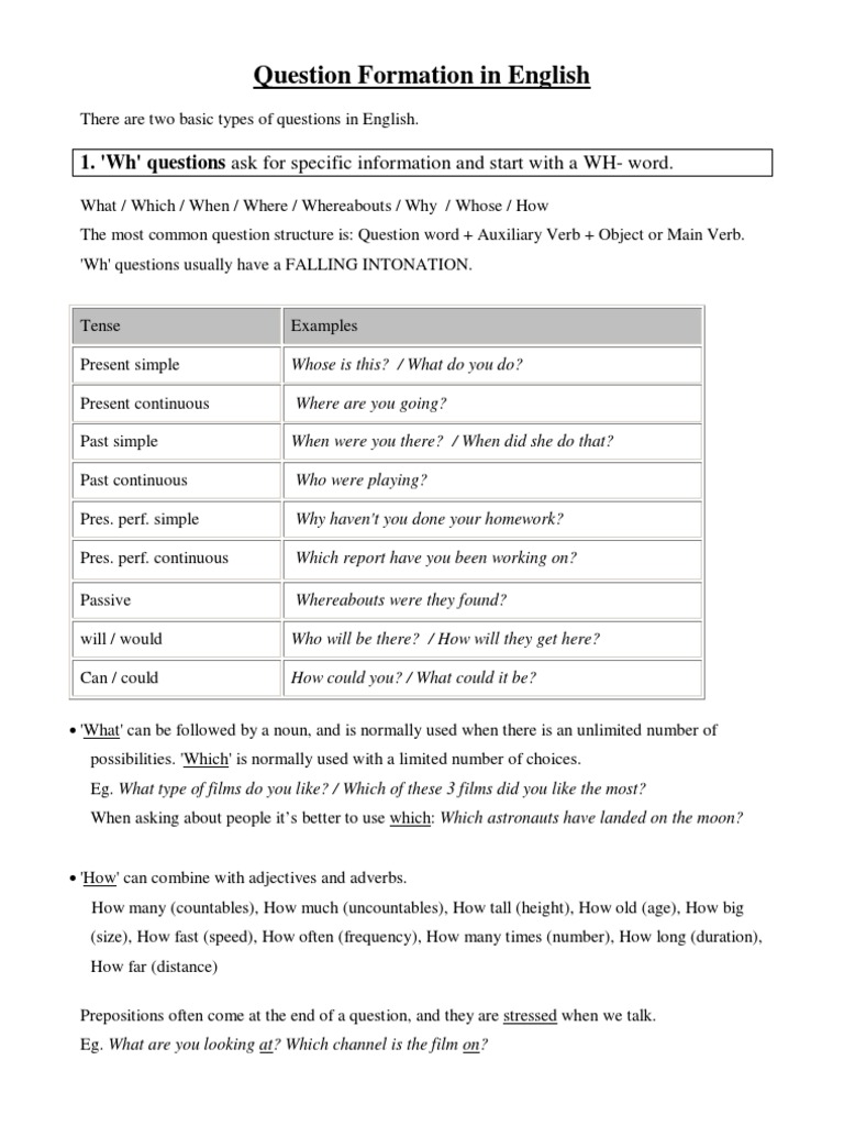 Question Formation in English: 1. 'WH' Questions Ask For Specific ...