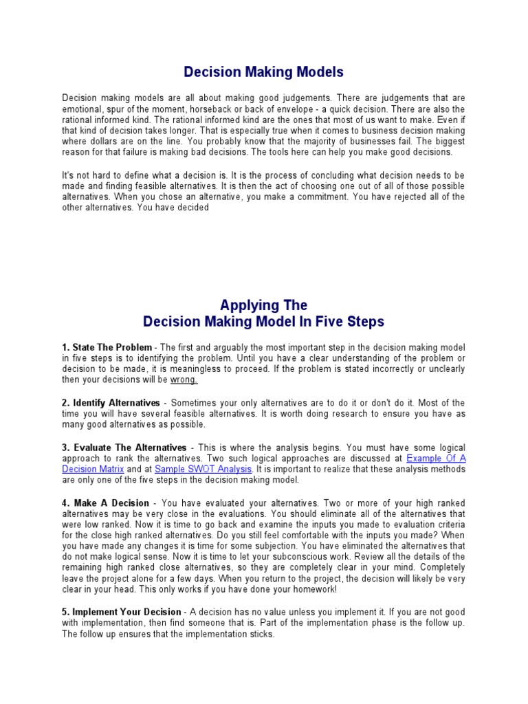 Overview of Decision Making Models | PDF | Decision Making | Rationality