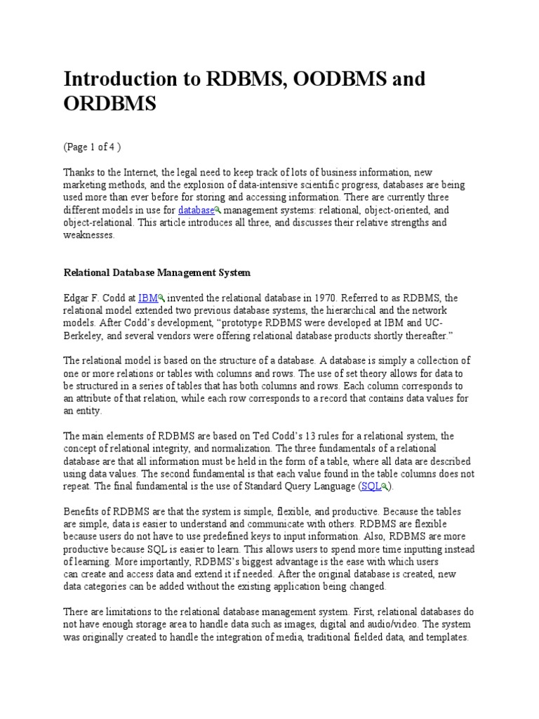 Introduction To RDBMS ORDBMS | PDF | Relational Database | Databases