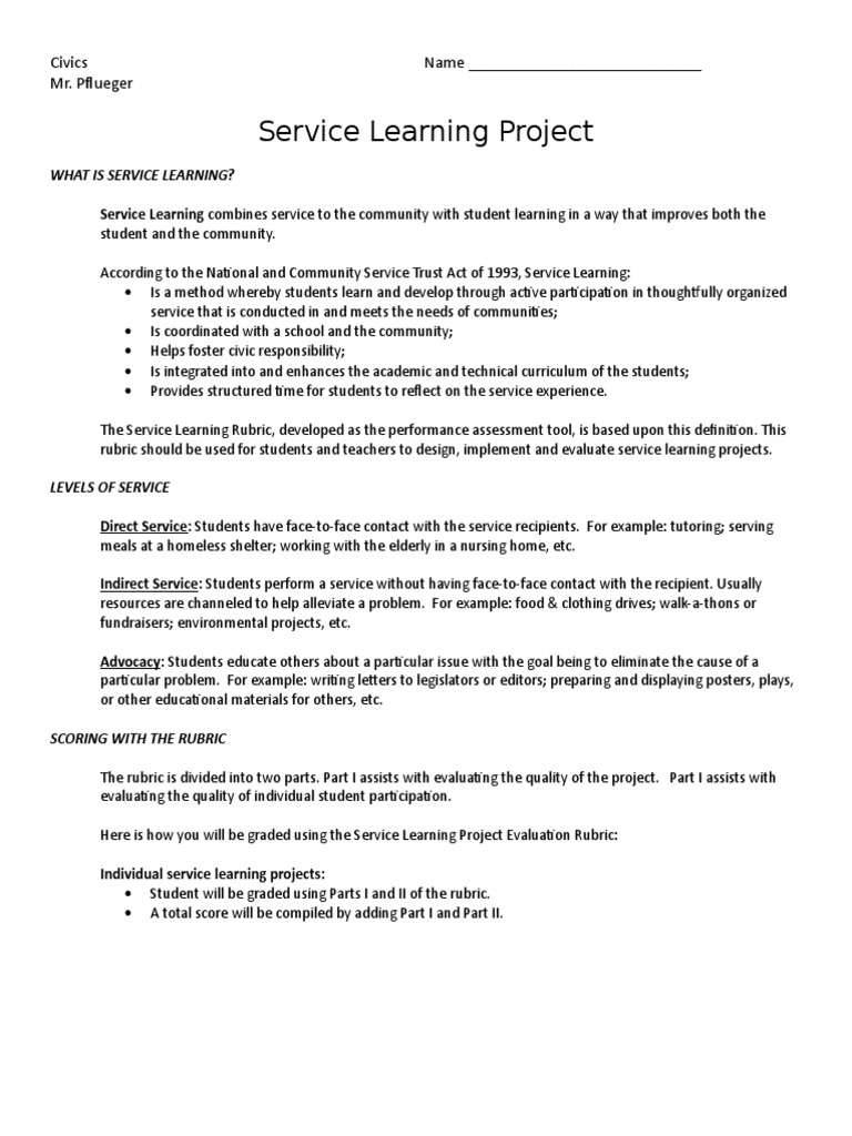 Service Learning Project Rubric | PDF | Service Learning | Rubric ...