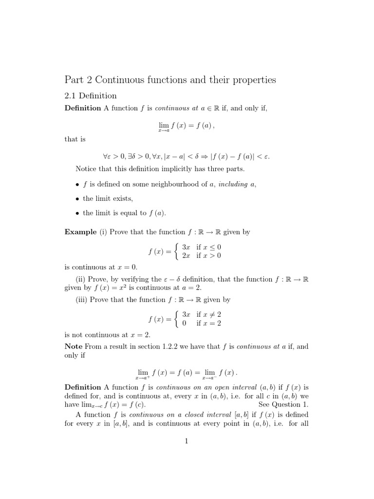 Part 2 Continuous Functions and Their Properties: 2.1 Definition | PDF | Continuous Function ...