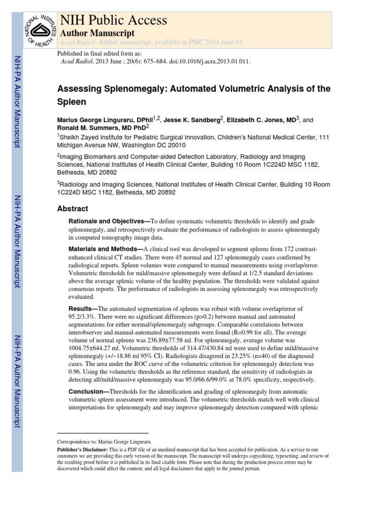 NIH Public Access: Assessing Splenomegaly: Automated Volumetric ...
