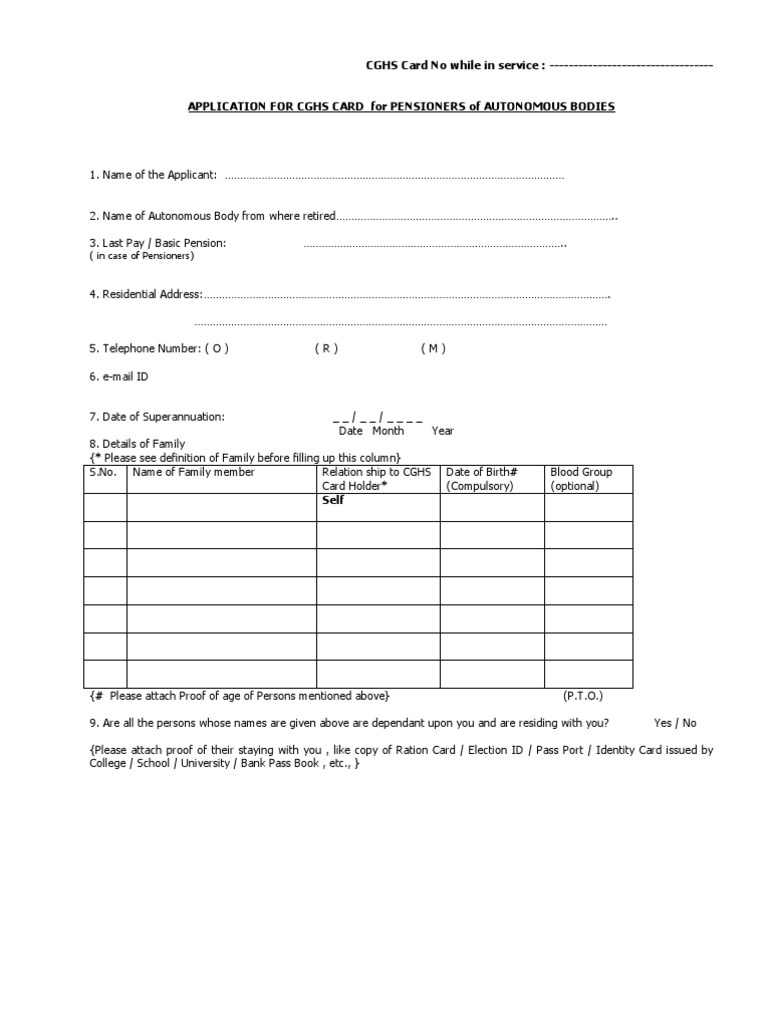CGHS Application For Pensioners Autonomous Bodies | PDF | Identity Document | Wife