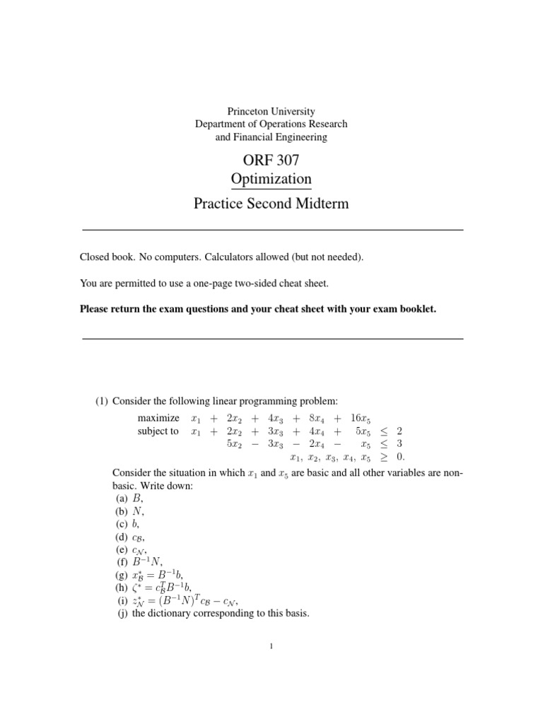 Practice Second Midterm: A Collection of Linear, Integer, and Network ...