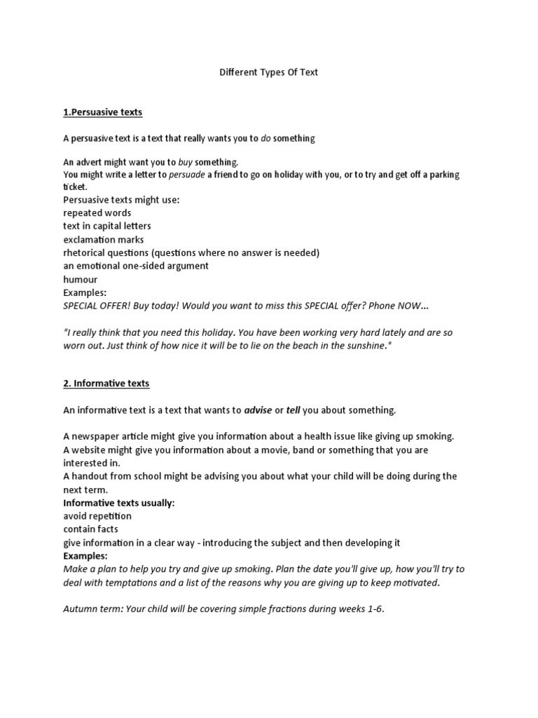 Types of Texts Explained | PDF | Narrative | Persuasion