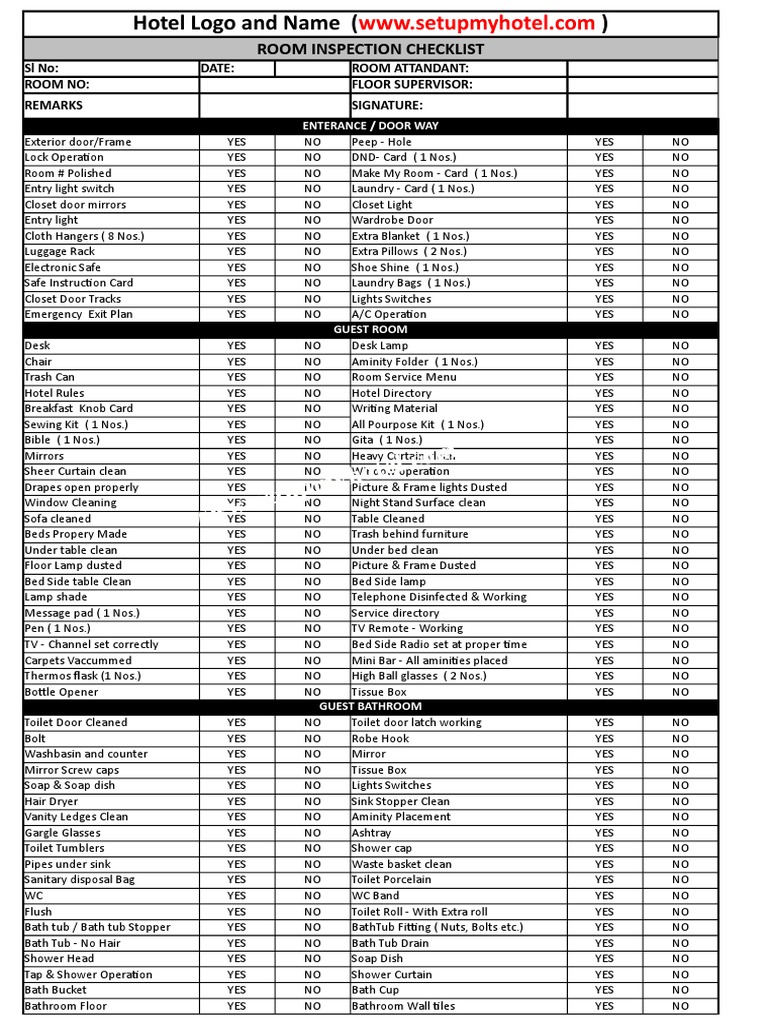 .Setup Myho Tel - Co M: Room Inspection Checklist | PDF | Bathroom | Toilet