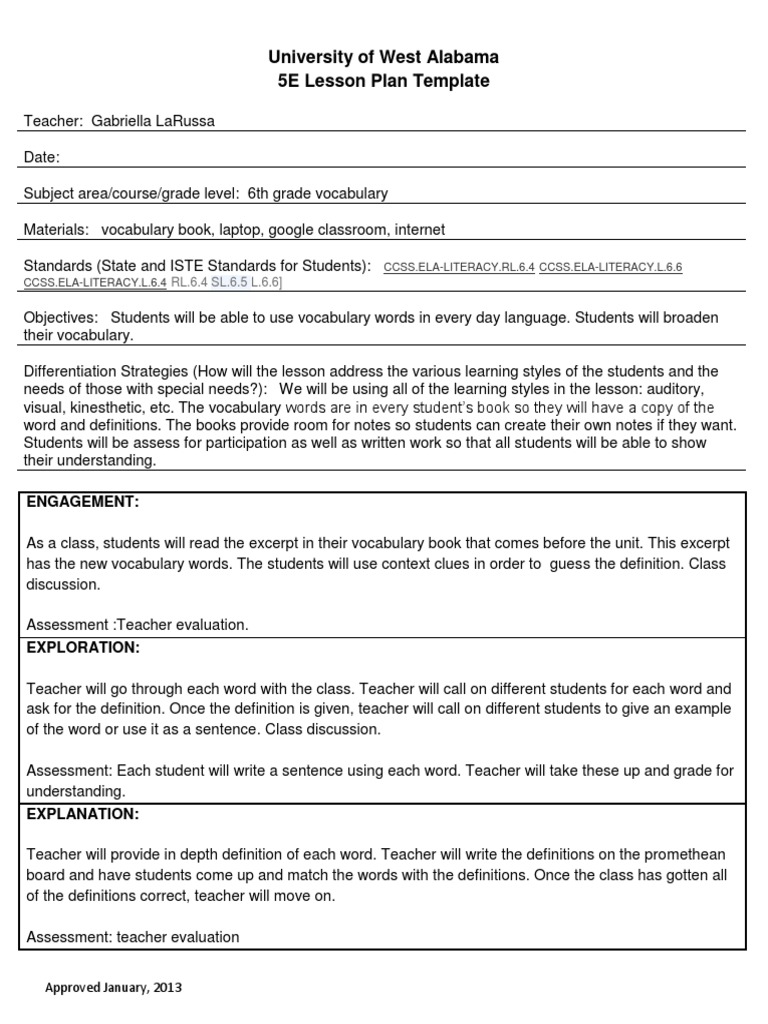 University of West Alabama 5E Lesson Plan Template: RL.6.4 SL.6.5 L.6.6 ...