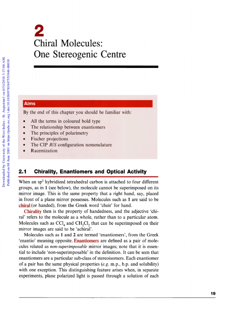 Chiral Molecules: One Tereogenic Centre: 2.1 Chirality, Enantiomers and ...