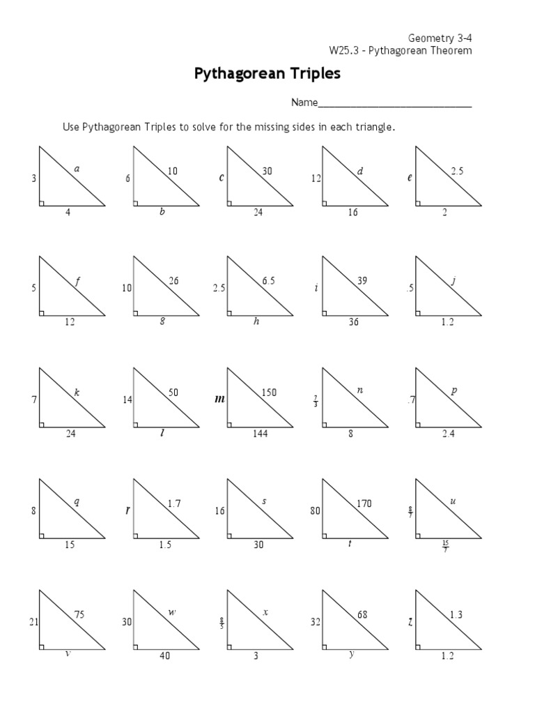 Pythagorean Theorem Triples Worksheet Pythagorean Theorem Practice