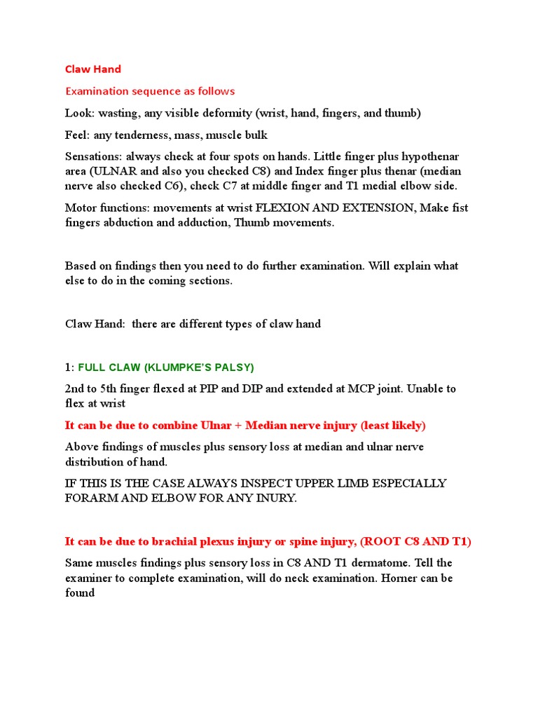 Examination Sequence As Follows: Claw Hand | PDF | Hand | Anatomical ...