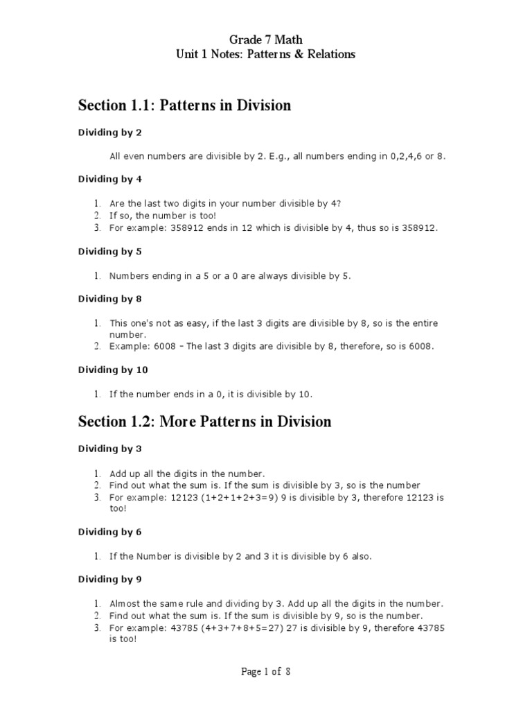 Section 1.1: Patterns in Division: Grade 7 Math Unit 1 Notes: Patterns ...