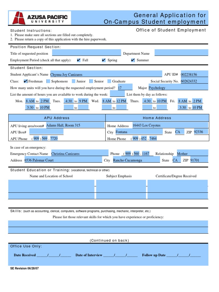 Student Employment Application | PDF | Employment | Virtue