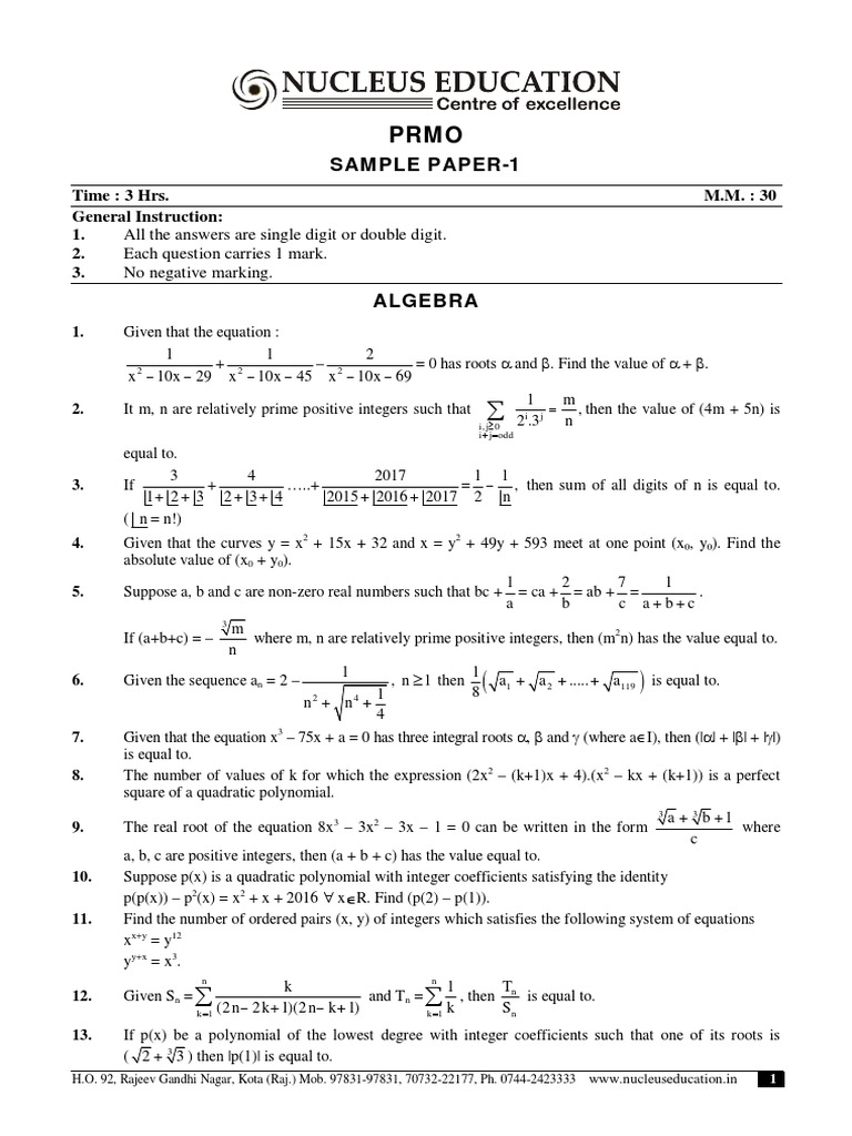 Samplepaper 1 | PDF | Polynomial | Numbers