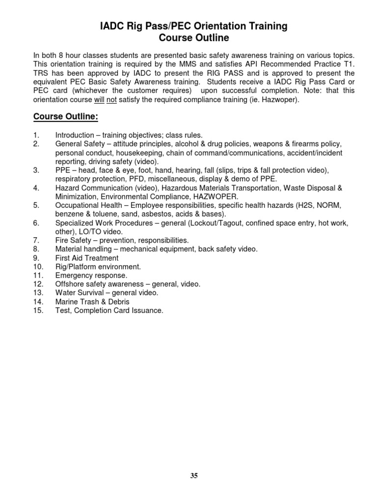 IADC Rig Pass/PEC Orientation Training Course Outline | PDF | Personal ...