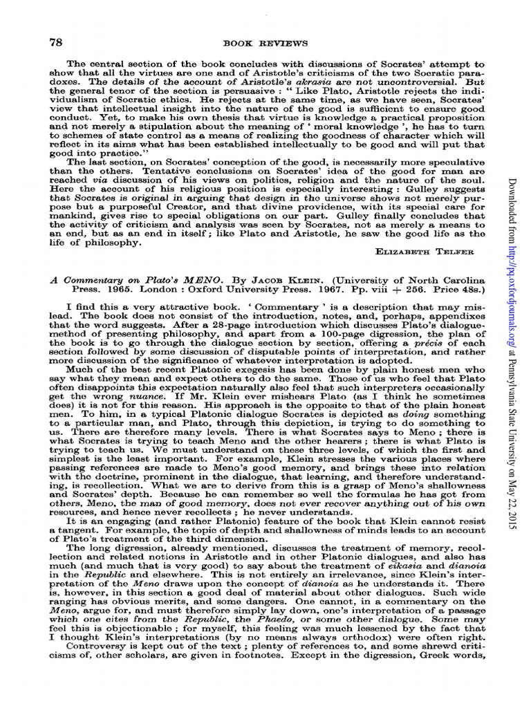 A Commentary On, Plato's MENO. by JACOB K L E I N - (University of ...