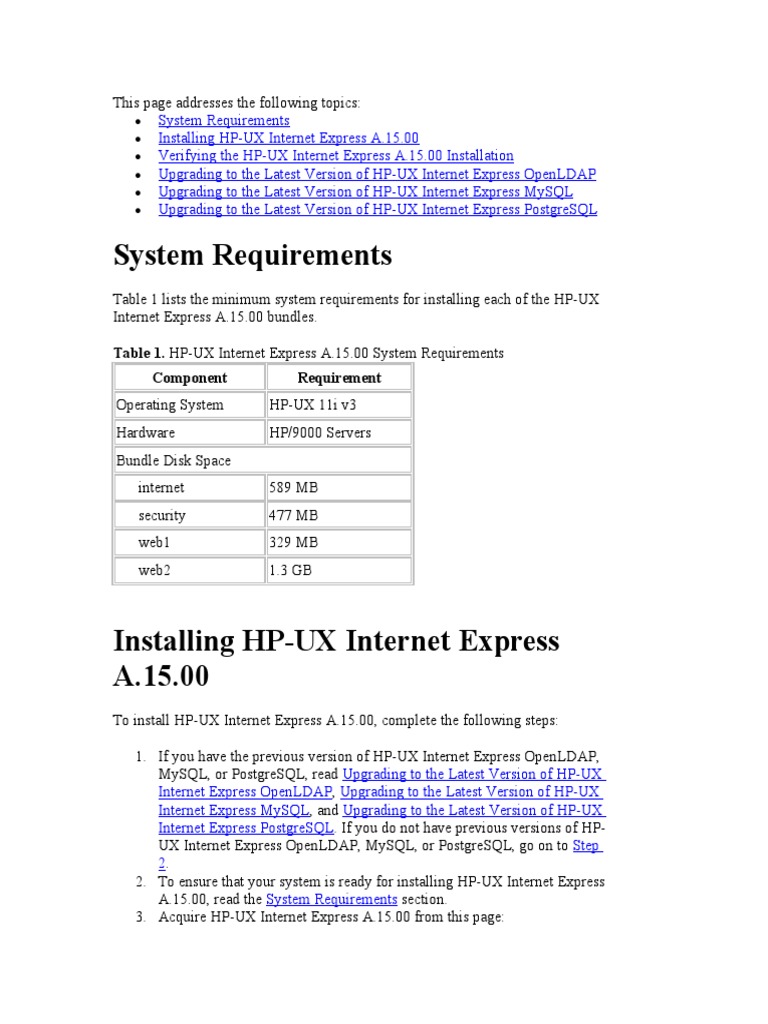System Requirements: Table 1. HP-UX Internet Express A.15.00 System ...