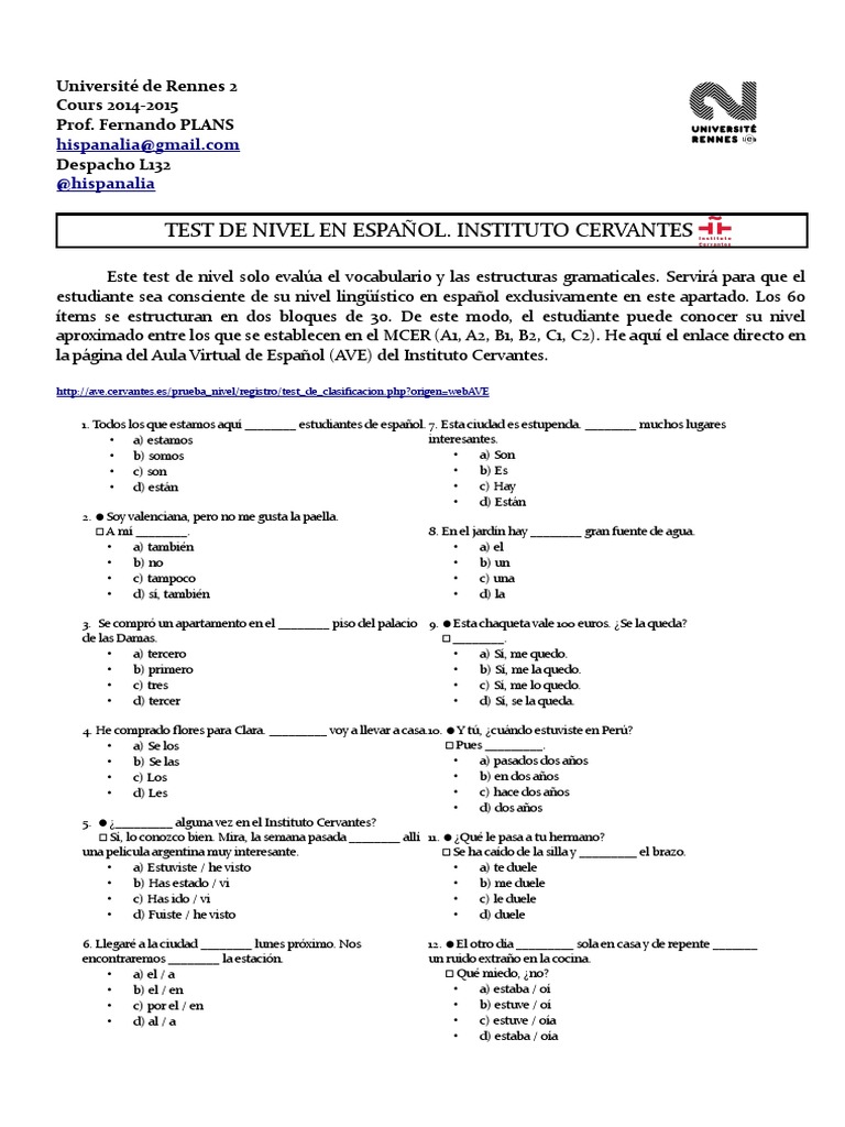 Test de Nivel Ave Instituto Cervantes ( Alumno ) PDF