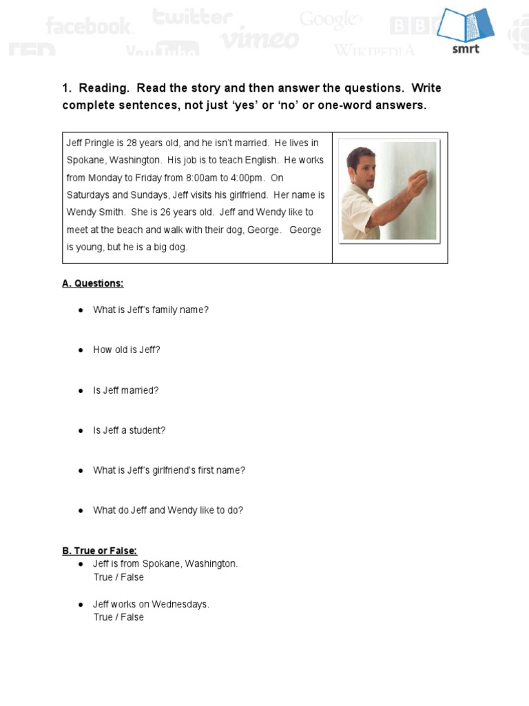 Reading. Read The Story and Then Answer The Questions. Write Complete ...