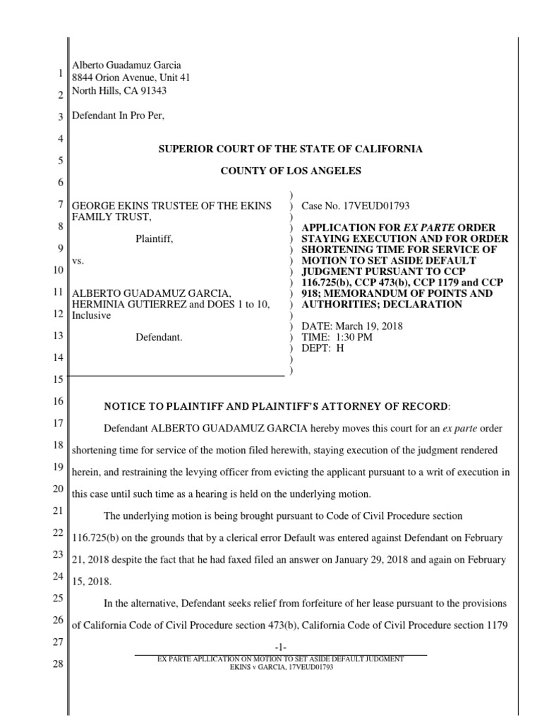 aplication for ex parte , | Default Judgment | Ex Parte