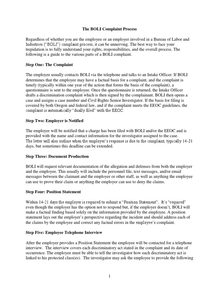 The BOLI Complaint Process | PDF | Equal Employment Opportunity ...