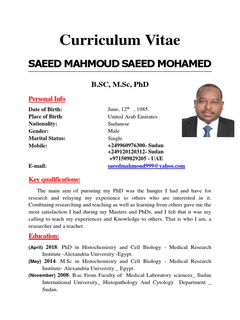Curriculum Vitae: Saeed Mahmoud Saeed Mohamed | PDF | Pathology | Medical School