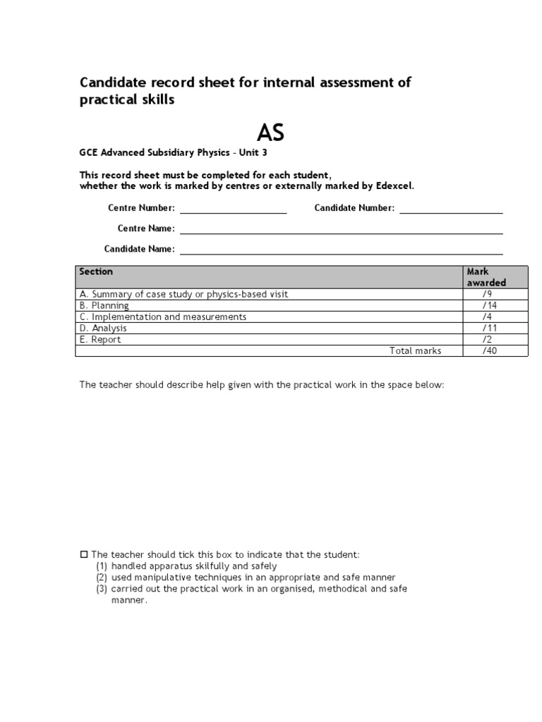 Candidate Record Sheet for Assessment | PDF