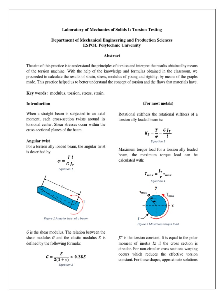 Laboratory of Mechanics of Solids I: Torsion Testing Department of ...