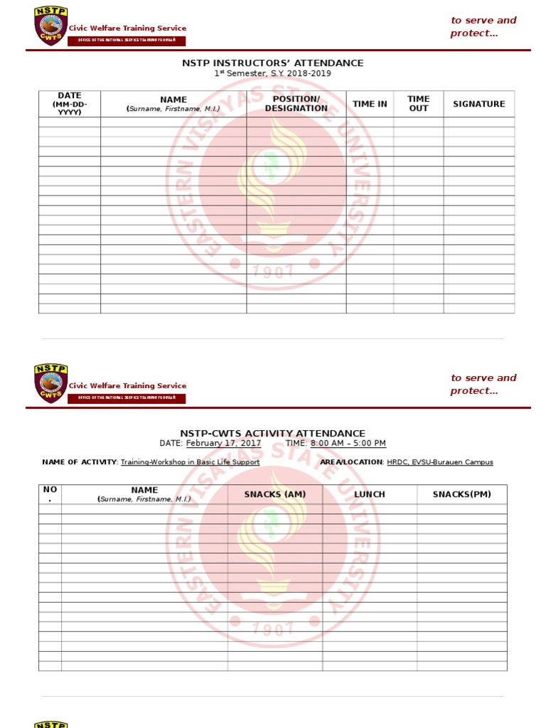 NSTP Instructors' Attendance: Date Name Position/ Designation Time in ...