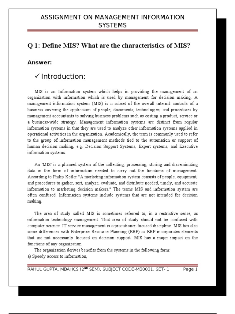 Final Assignment On Mis Pdf Computer Network Management