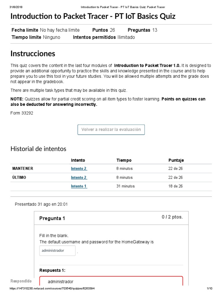 Introduction To Packet Tracer Pt Iot Basics Quiz Packet Tracer Pdf Gateway