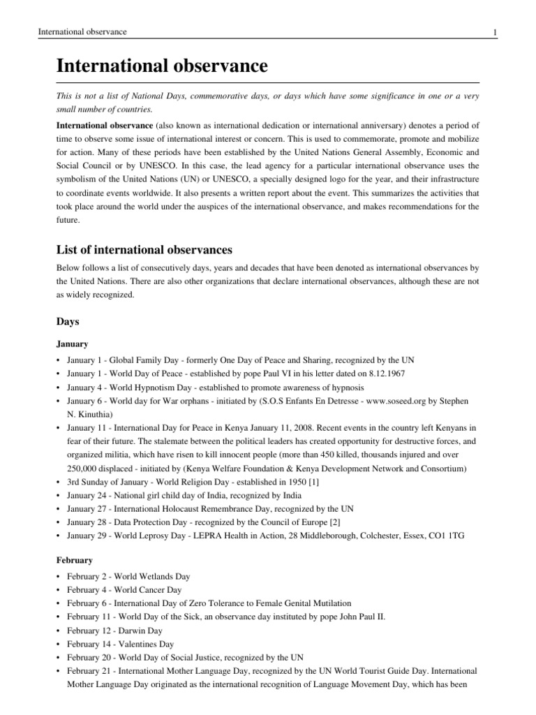 International Observance: List of International Observances | PDF ...