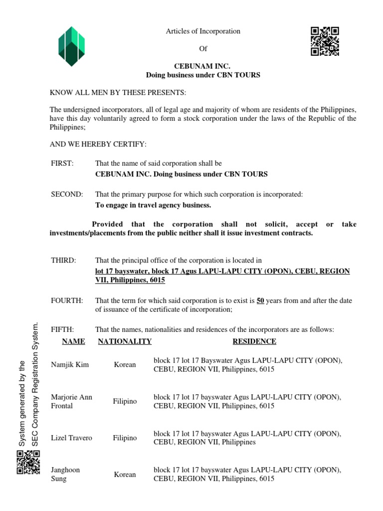 Stock Articles of Incorporation | Corporations | Philippines