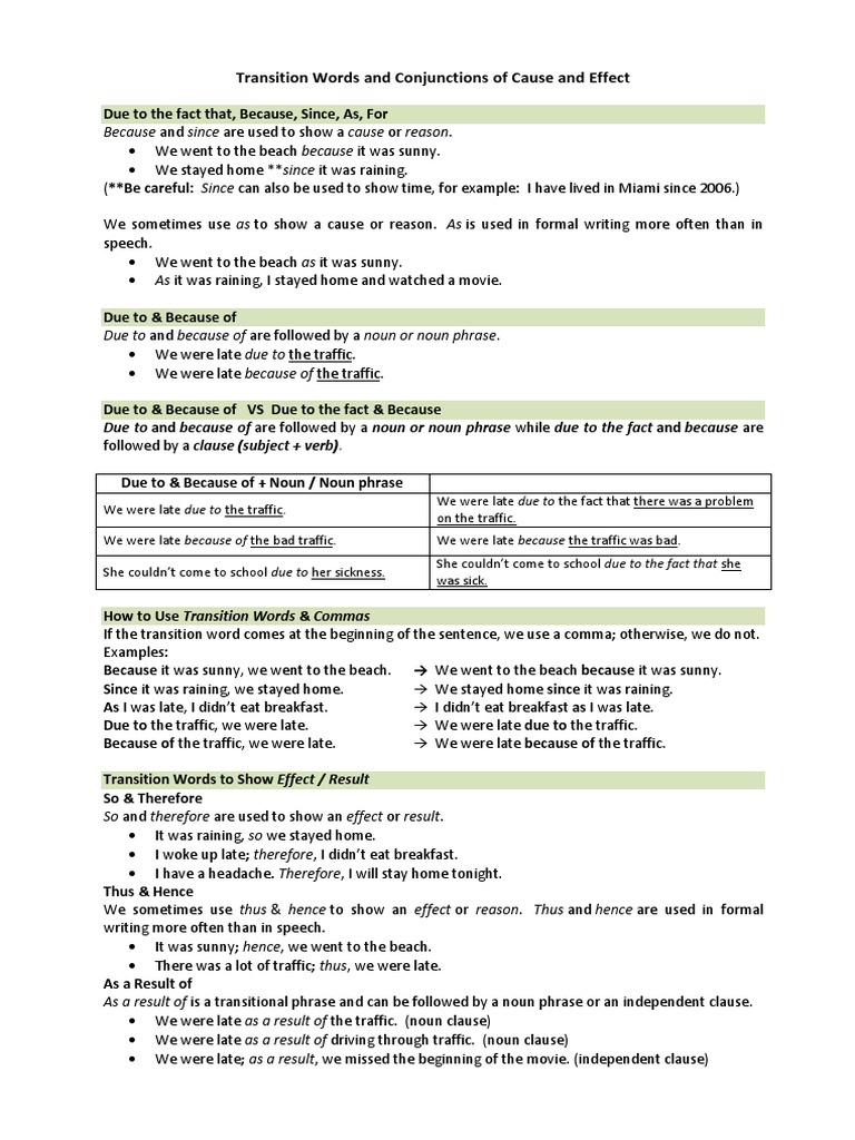 Transition and Conjunction of Cause and Effect | PDF | Noun | Phrase